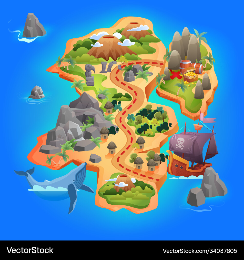 Treasure game map cartoon tropical island Vector Image
