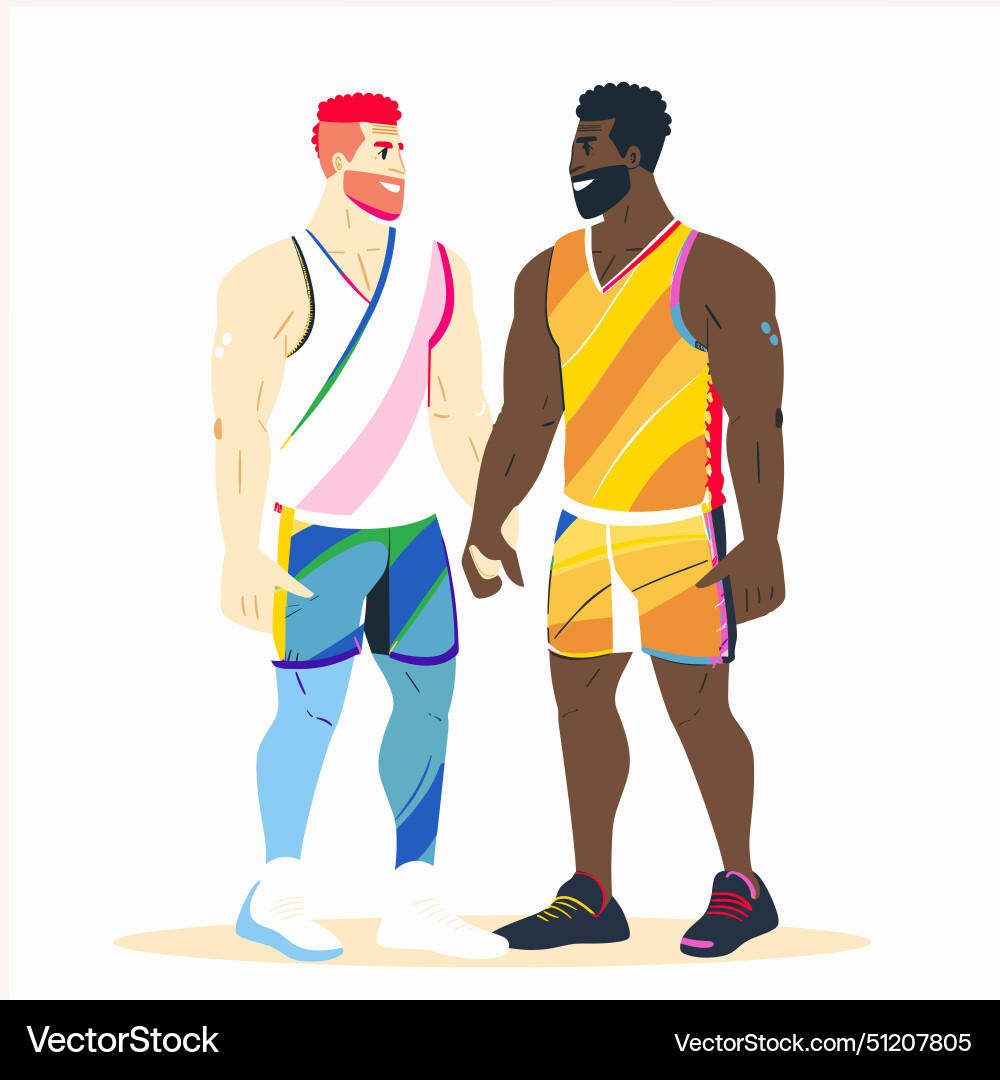 Two muscular athletes stand side one Royalty Free Vector