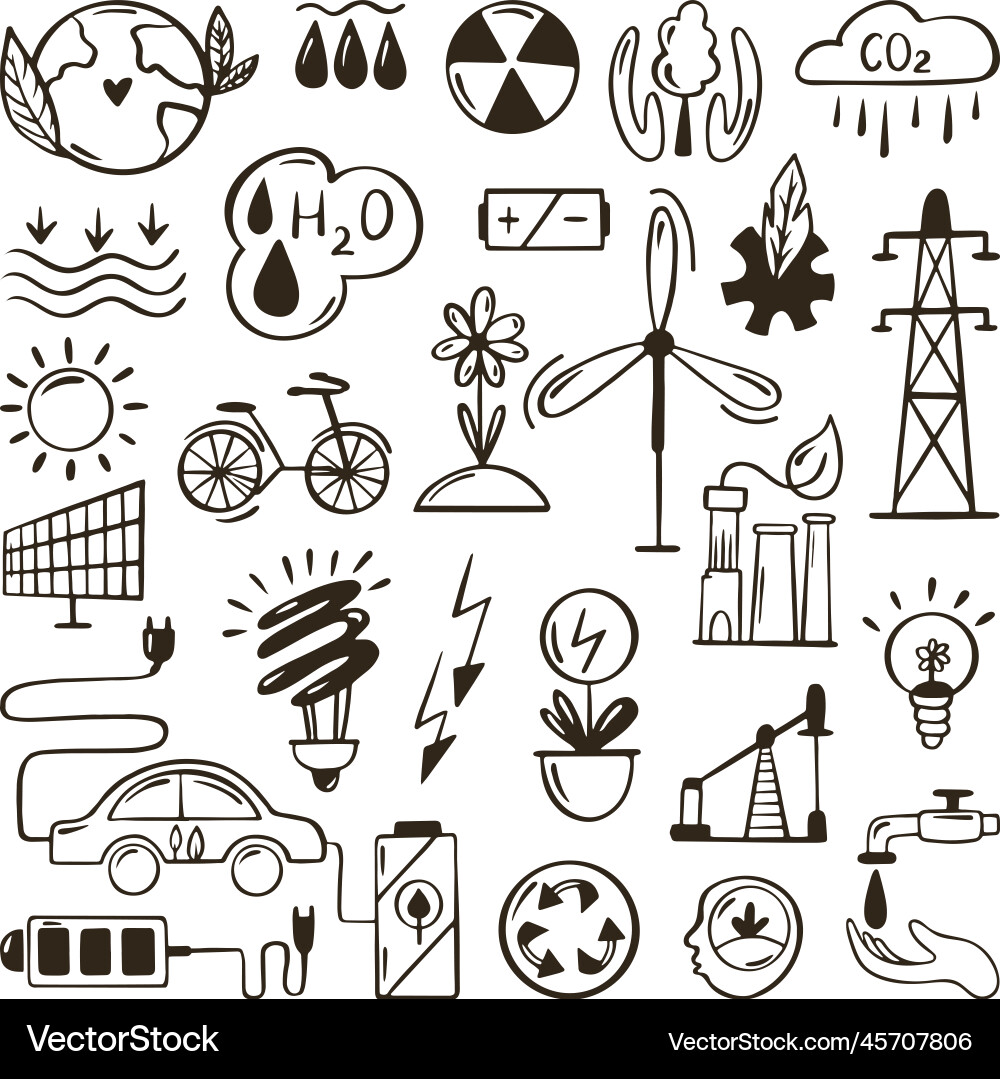 Green energy doodle set ecology environmental Vector Image