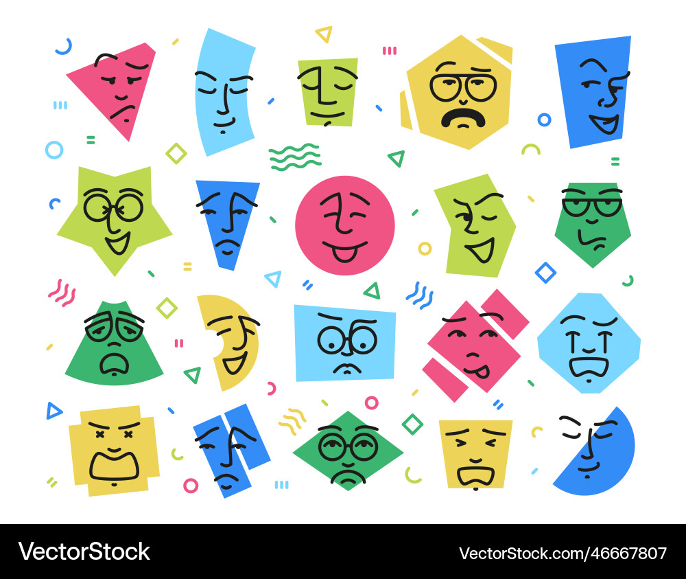 Doodle shapes with faces happy angry scared Vector Image