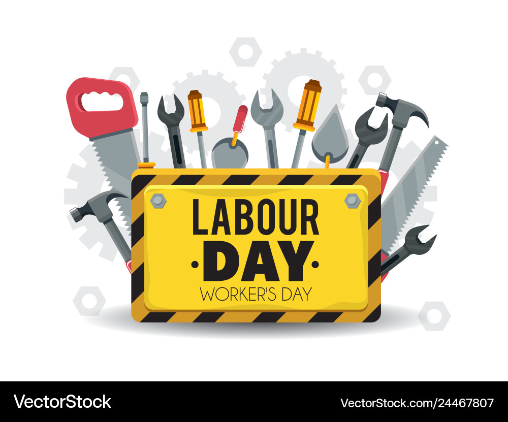 Emblem with construction tools to celebrate labour