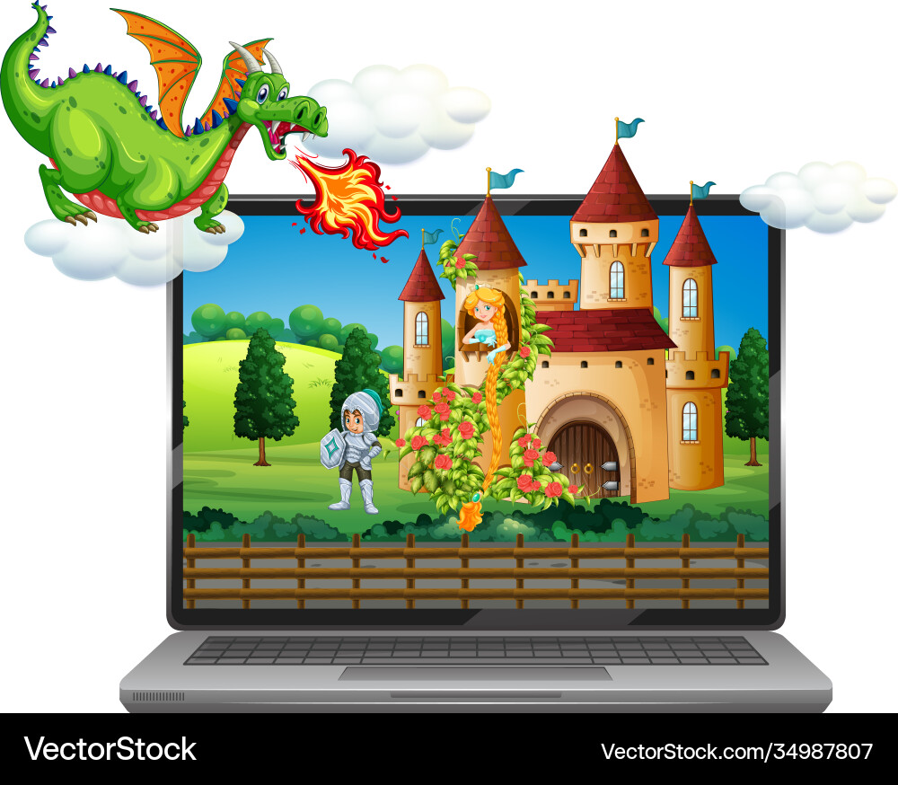 Fairy scene on laptop background Royalty Free Vector Image