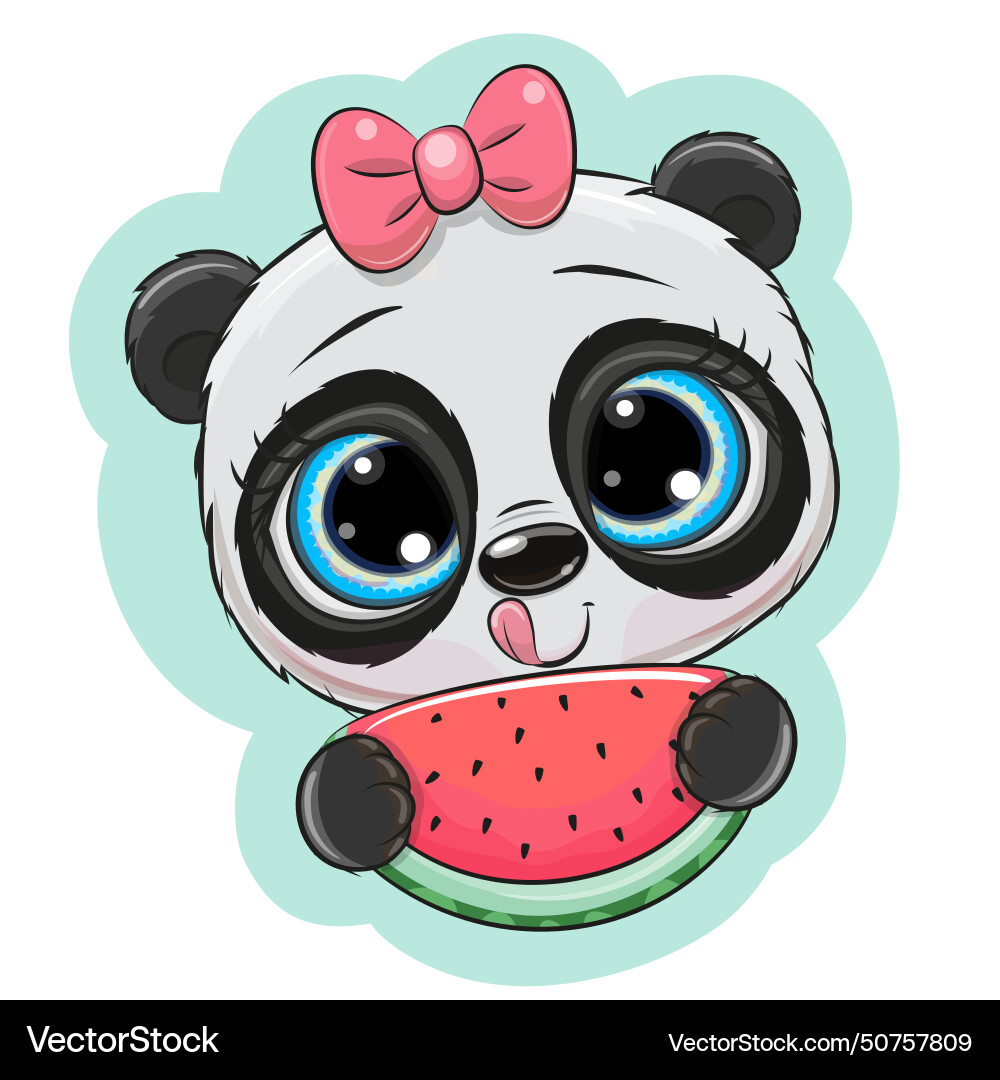 Cartoon panda with watermelon and pink bow Vector Image