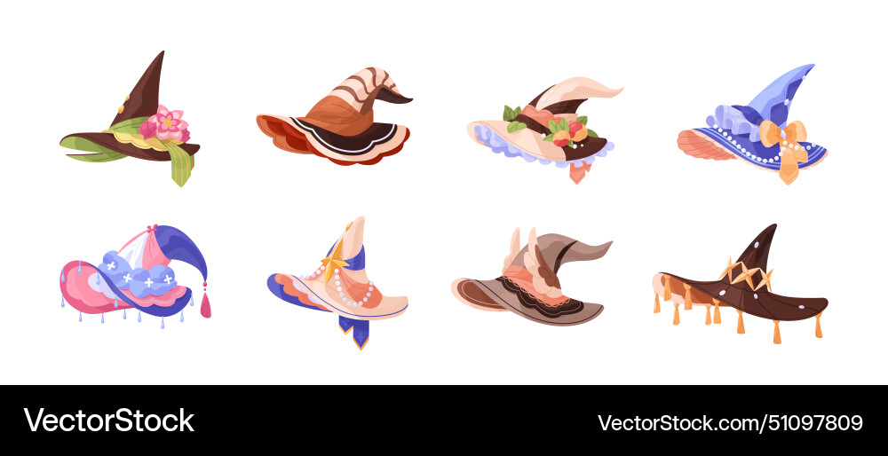 Different magic pointed hats set various cute Vector Image