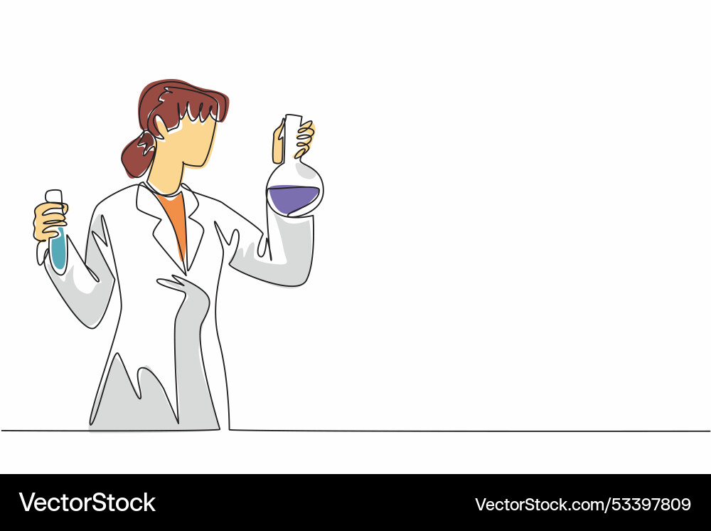 Single one line drawing female scientist holding Vector Image