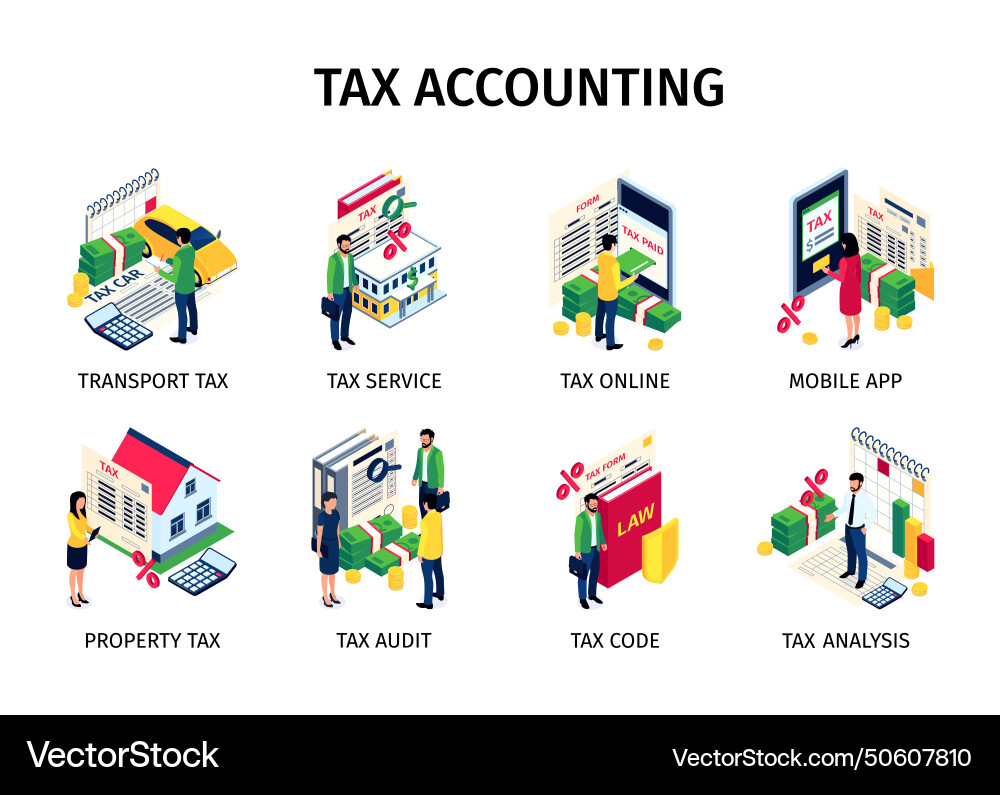 Tax accounting isometric compositions Royalty Free Vector