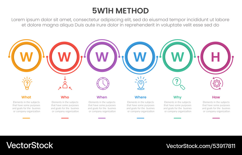5w1h analysis infographic with outline circle Vector Image