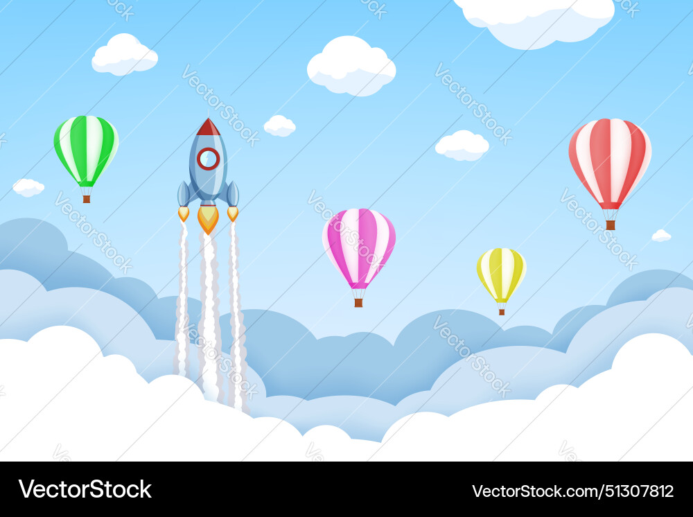 Rocket with hot air balloons is flying Royalty Free Vector