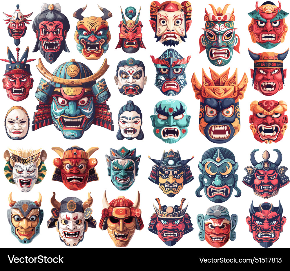 Japanese masks cartoon set demons samurai Vector Image