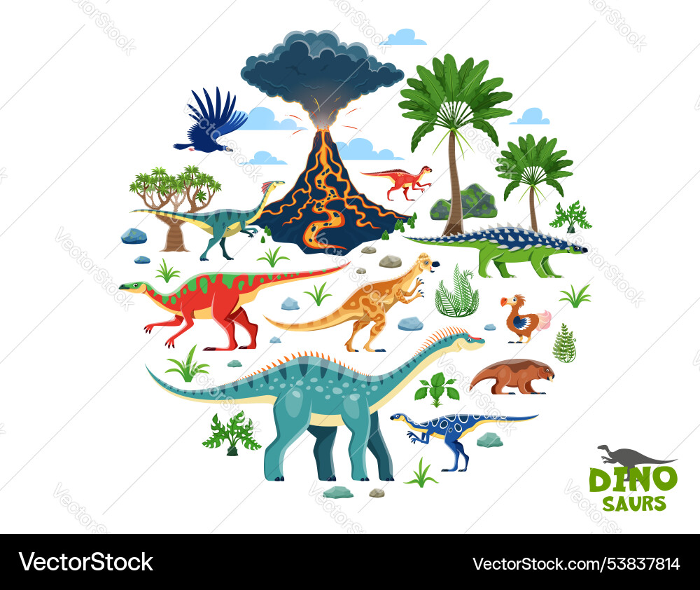 Cartoon prehistoric dinosaurs jurassic volcano Vector Image