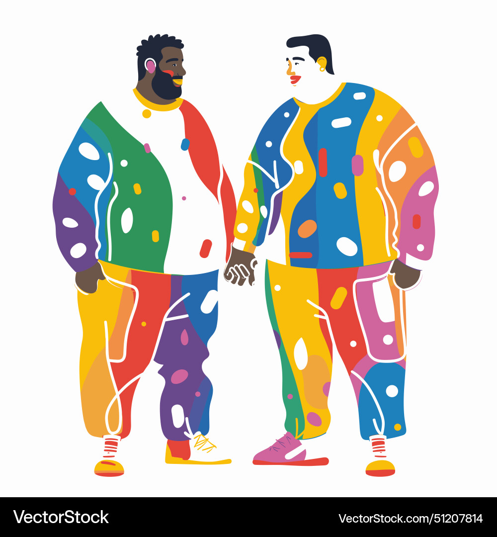 Two men standing together holding hands faces Vector Image