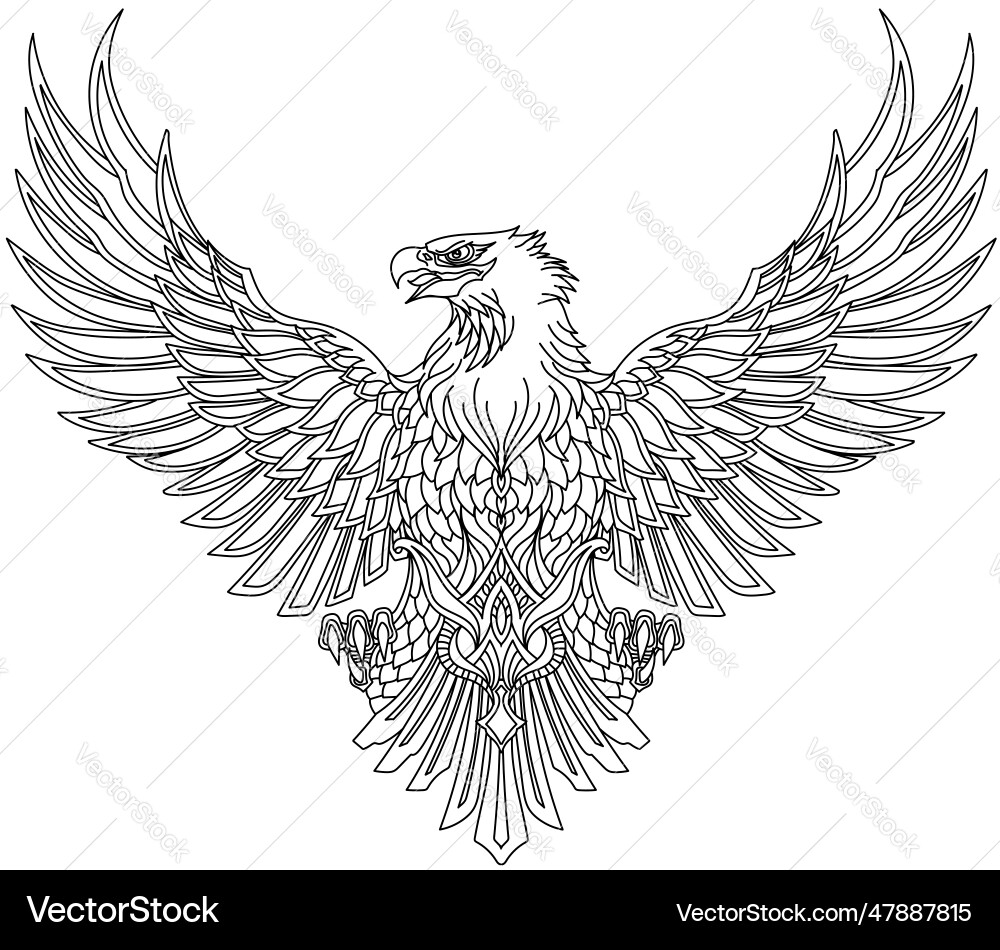 Eagle with wings spread black and white outline Vector Image
