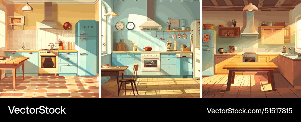 Kitchen cartoon scenes stove hood table Royalty Free Vector