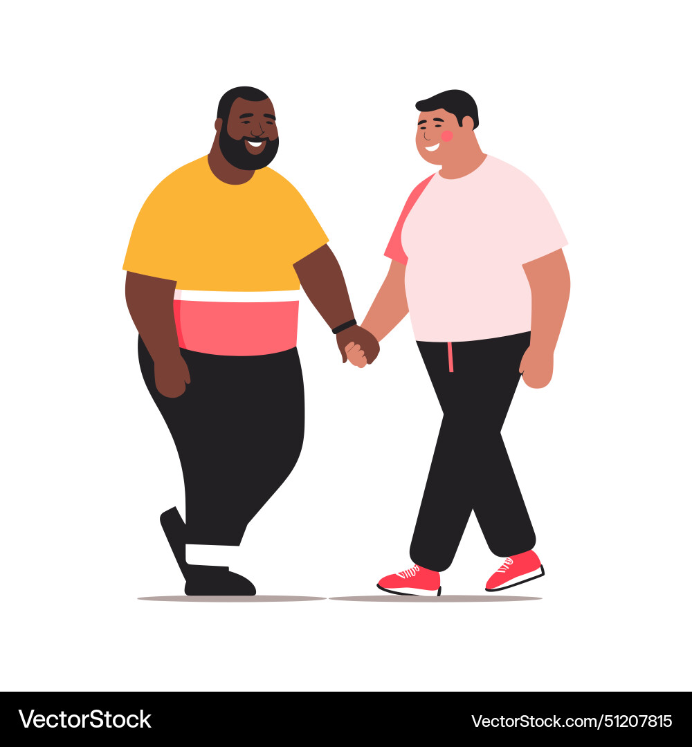 Two men walking together smiling holding hands Vector Image