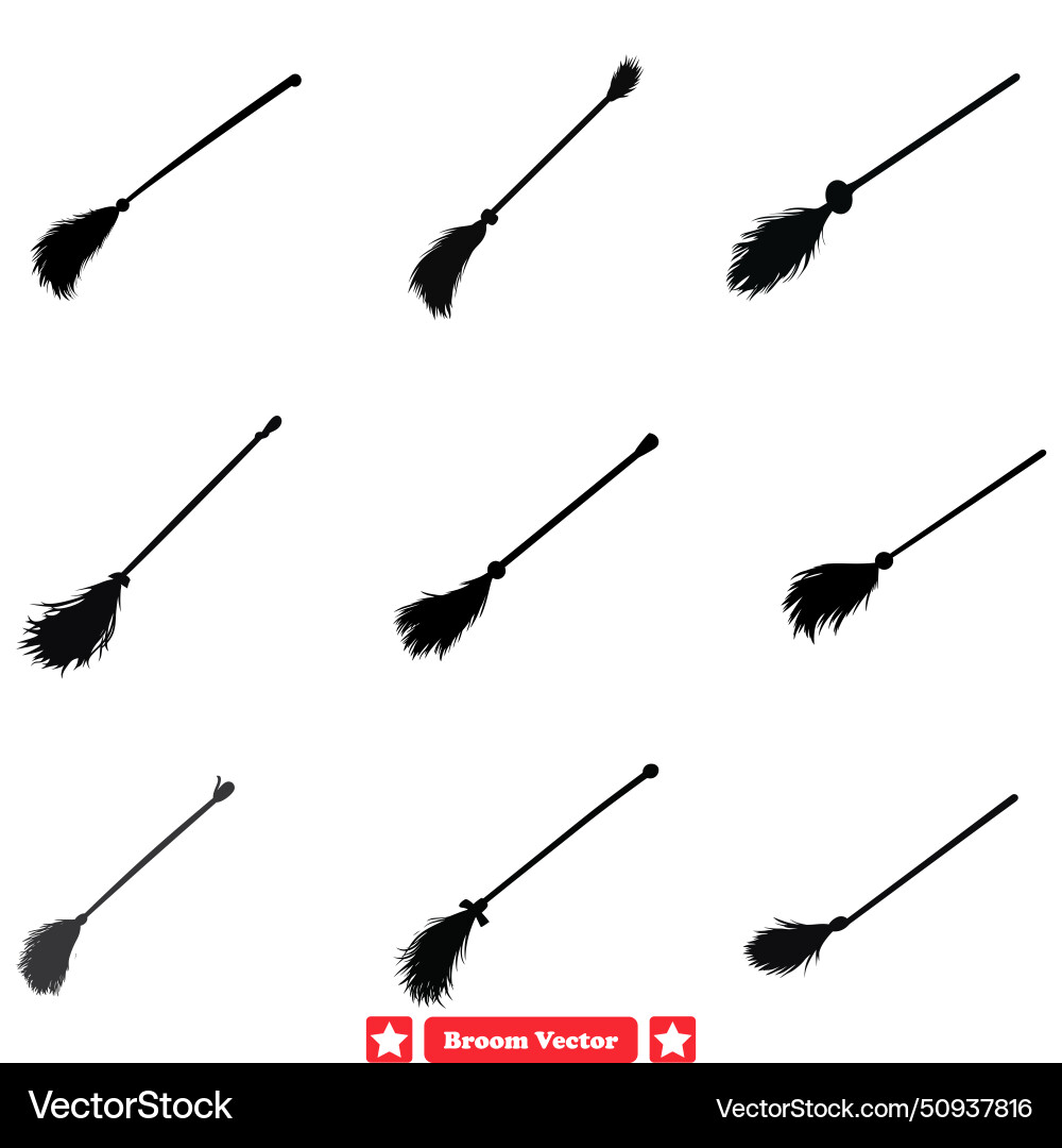 Diverse broomstick silhouettes perfect Royalty Free Vector