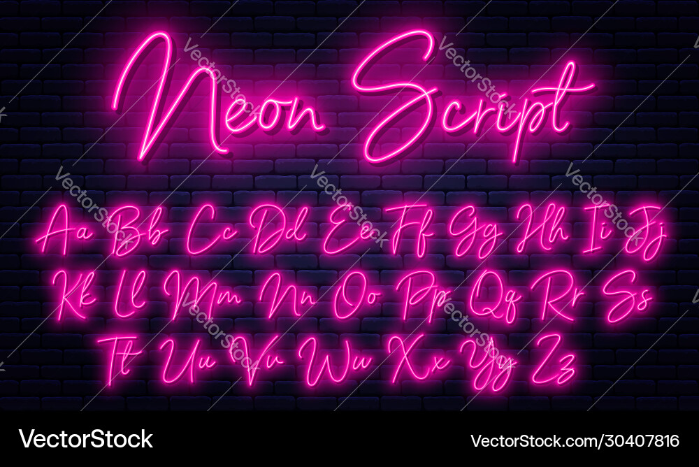 Glowing neon script alphabet font Royalty Free Vector Image