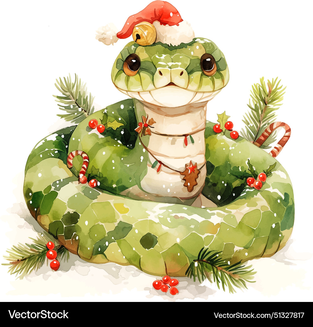 2025 green snake wearing a santa hat Royalty Free Vector
