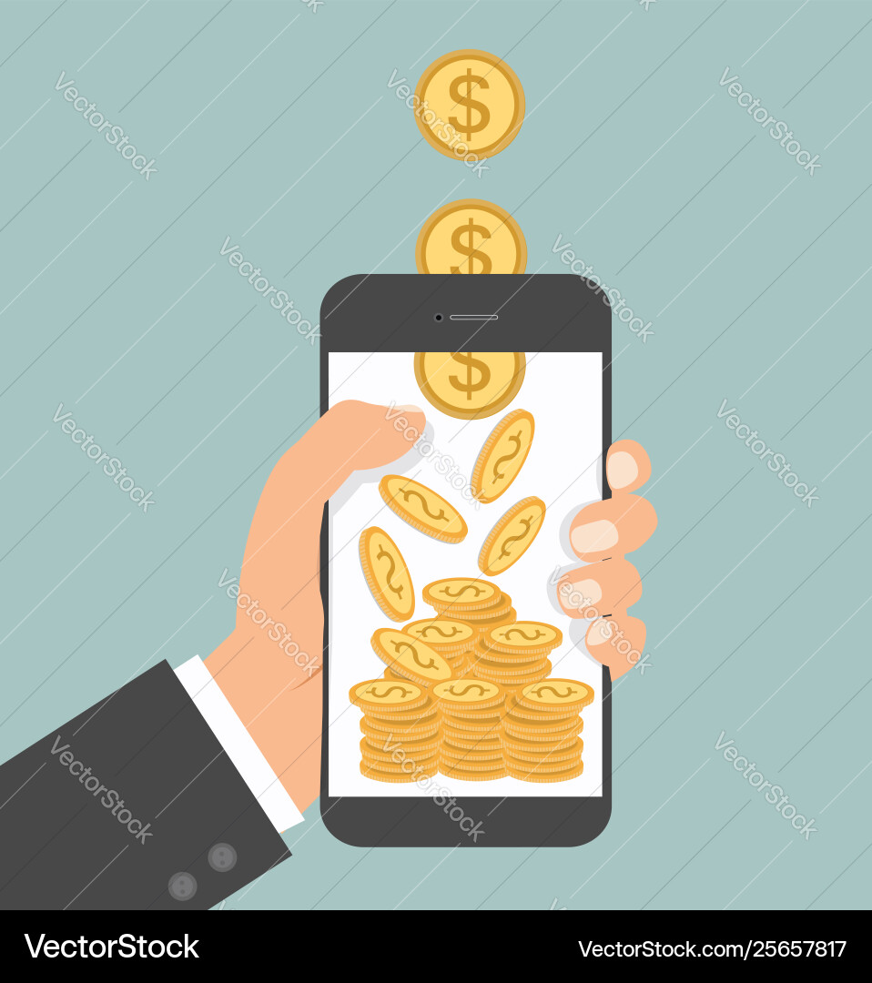 Hand holding smartphone money falling Royalty Free Vector