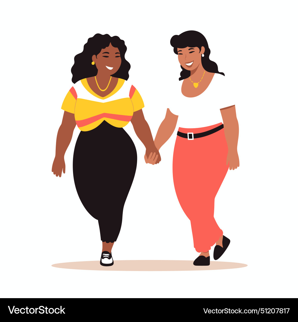 Two women holding hands walking smiling Royalty Free Vector