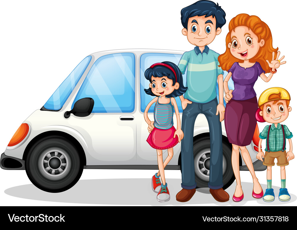 Happy family in front car Royalty Free Vector Image