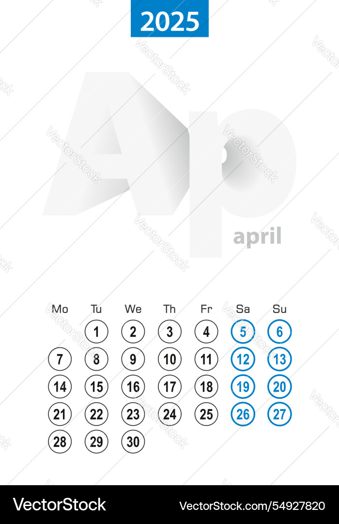 Calendar for april 2025 blue circle design Vector Image