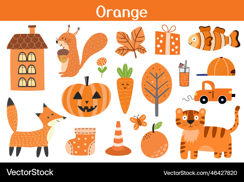 Orange color objects set learning colors for kids Vector Image Orange color objects set learning colors for kids Vector Image