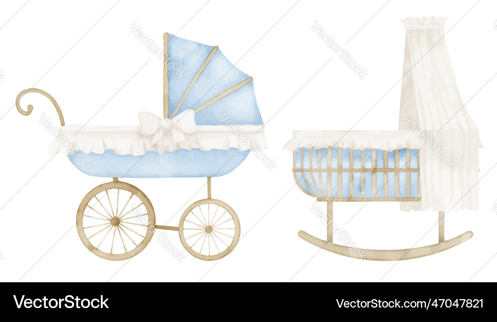 Baby pram and cradle hand drawn watercolor Vector Image