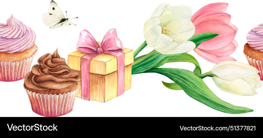 Cupcake present box watercolor drawing border Vector Image