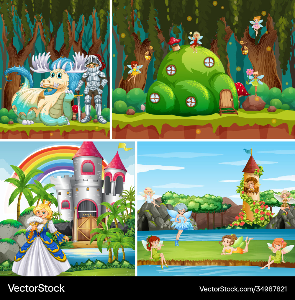 Four different scene fantasy world Royalty Free Vector Image