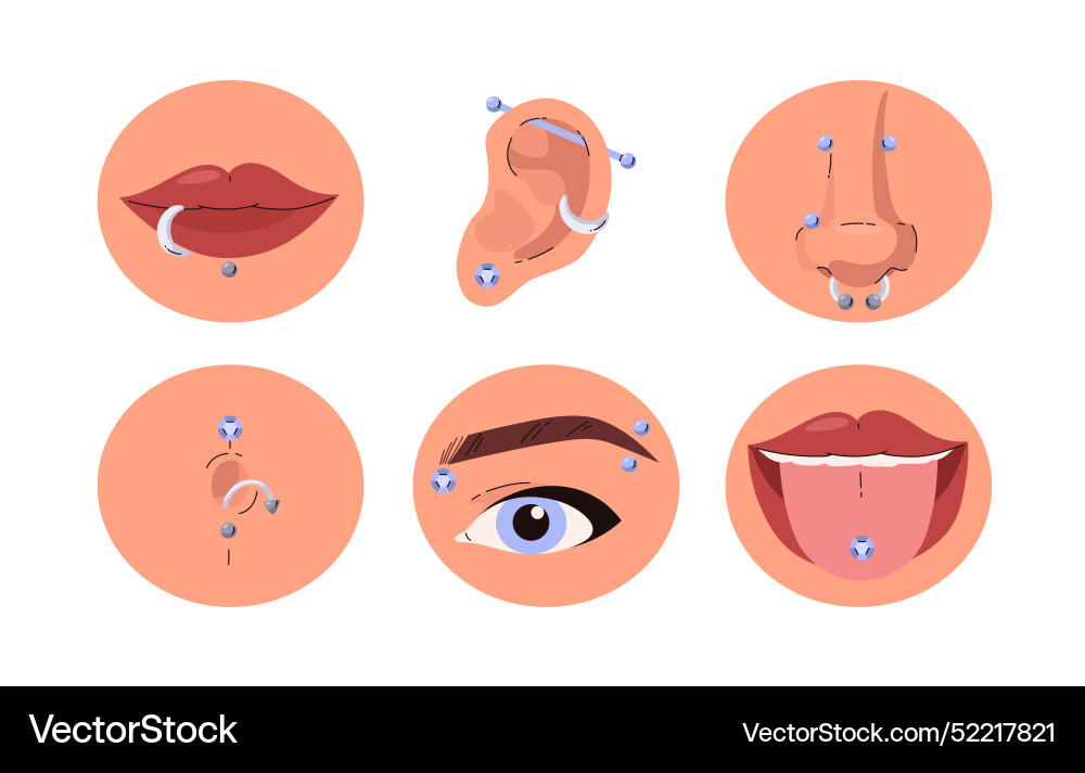 Piercing variations on body parts set Royalty Free Vector