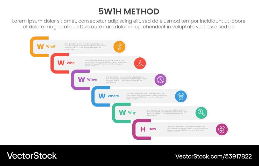 5w1h analysis infographic with round rectangle Vector Image