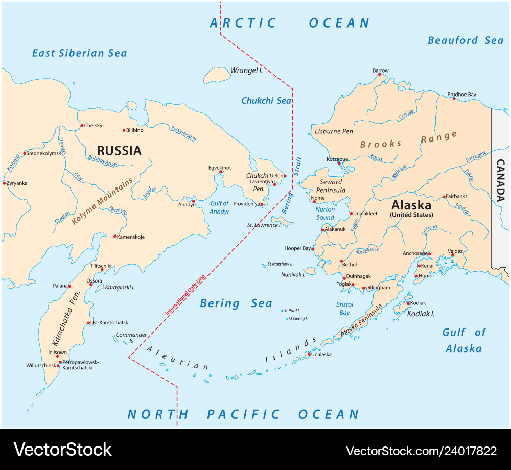Bering Strait Map: Russia & Alaska Royalty Free Vector