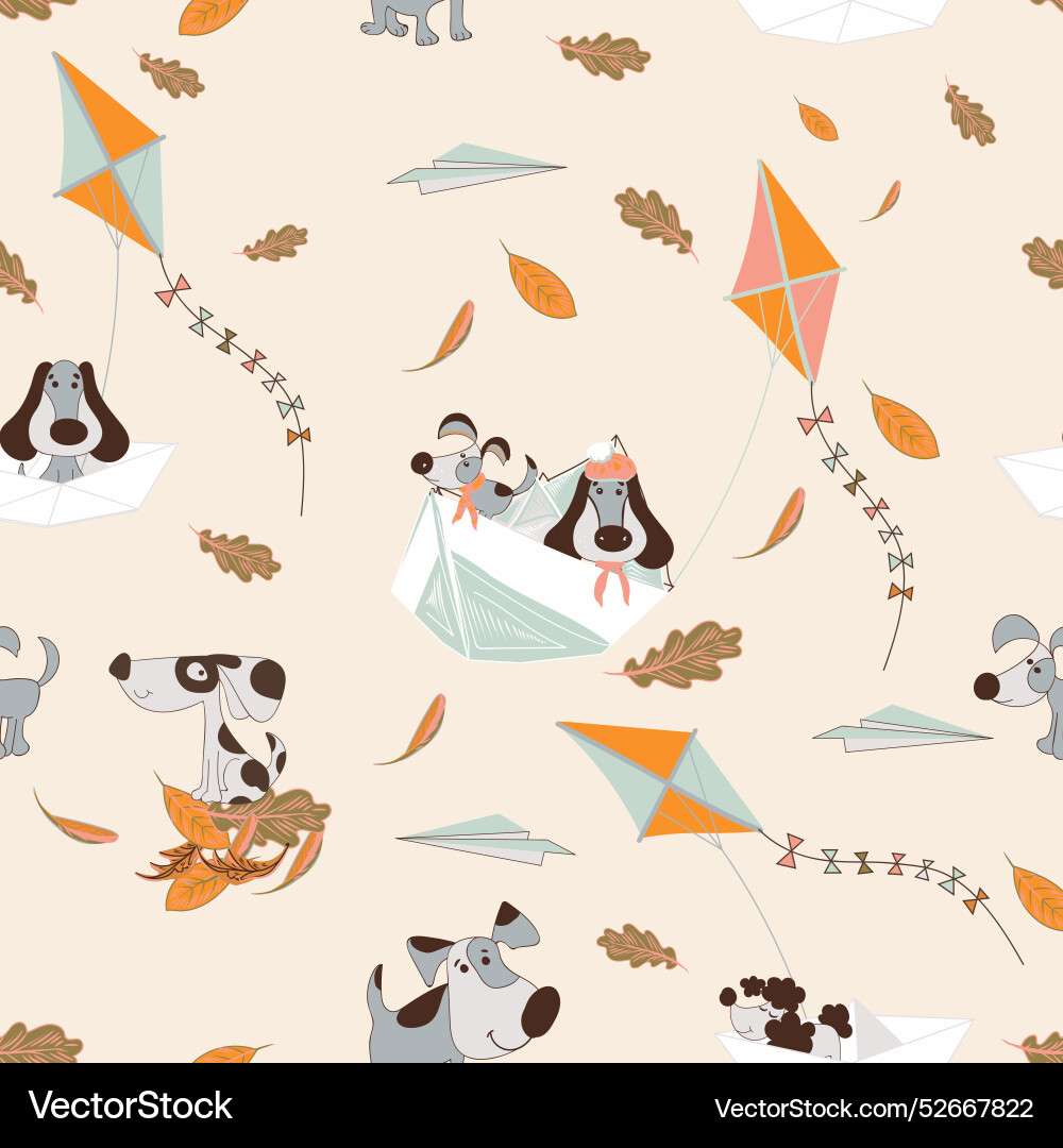 Cute fall autumn pattern with cartoon kids dogs Vector Image