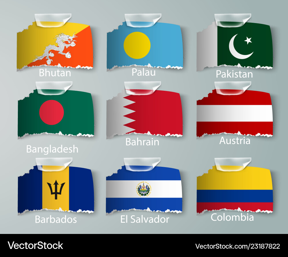 Realistic set flags paper countries Royalty Free Vector