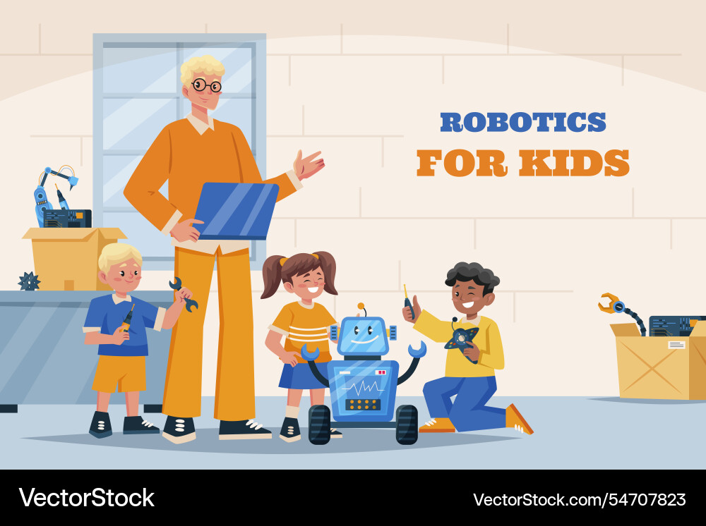 Hand drawn flat robotics for kids composition Vector Image