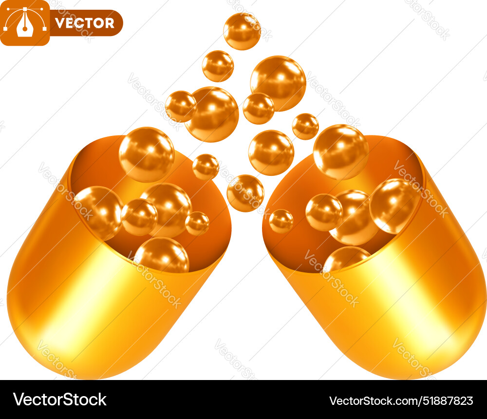 Opened golden capsule pill with gold balls Vector Image