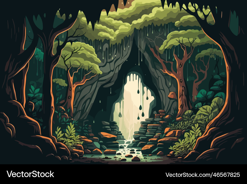 Landscape with a waterfall in cave cartoon Vector Image
