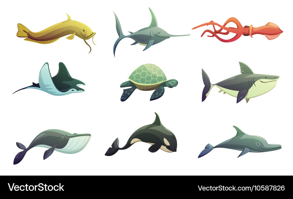 Fisch- und Meerestiere Cartoon-Set Lizenzfreies Vektorbild