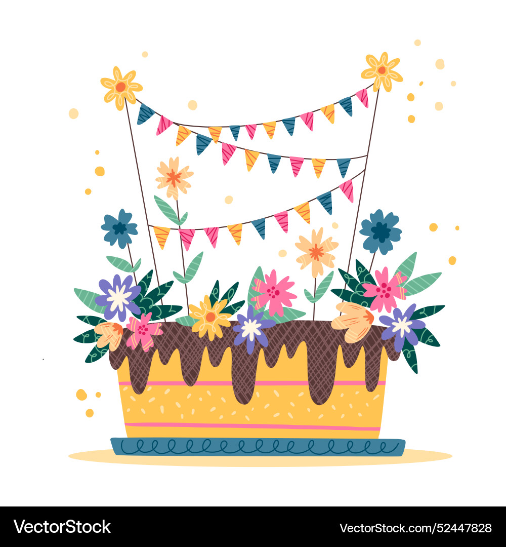 Hand drawn birthday cake with topper Royalty Free Vector