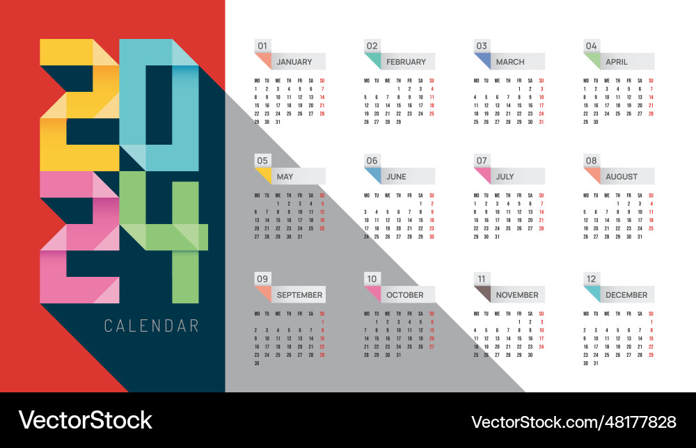 Monthly calendar template for 2024 year Royalty Free Vector