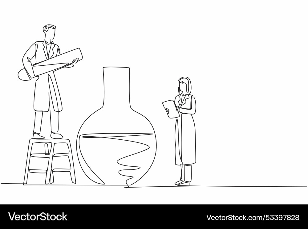 Single one line drawing male scientist pours Vector Image