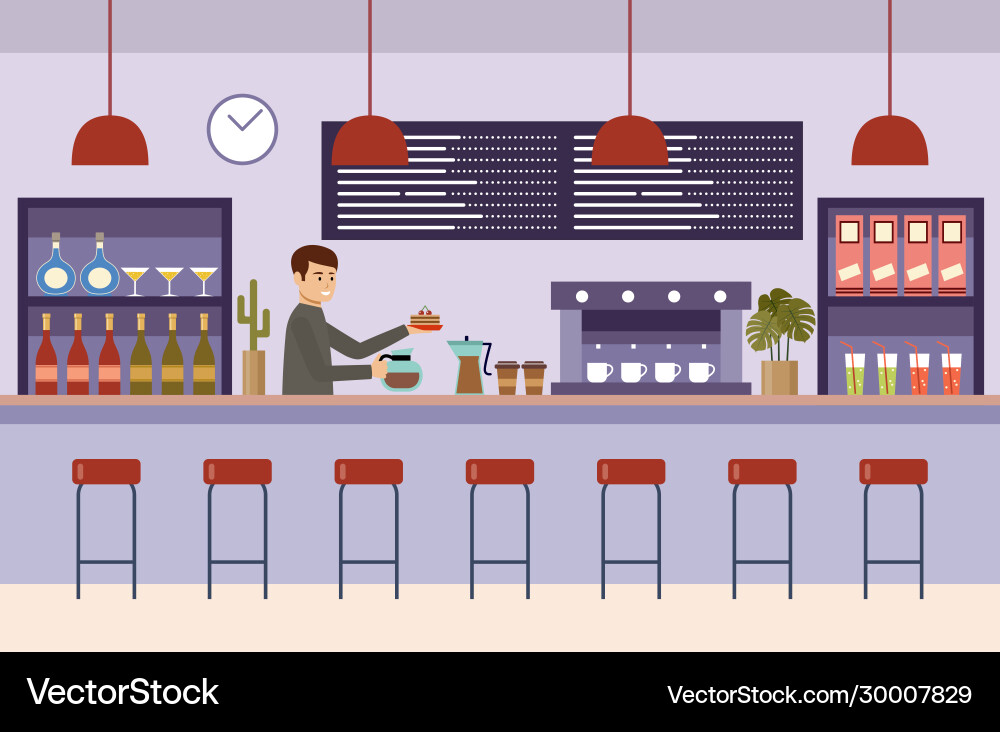 Cafe interior room bar barista holds Royalty Free Vector