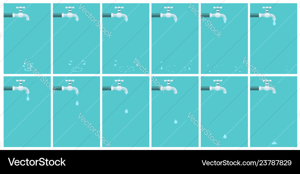 Water tap dripping animation sprite sheet on blue Vector Image