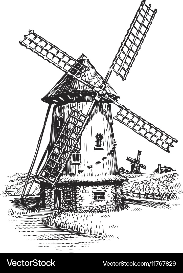 Windmill hand drawn vintage sketch Royalty Free Vector Image