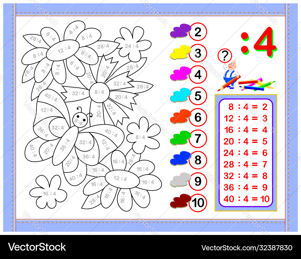 Exercises for kids with division number 4 Vector Image