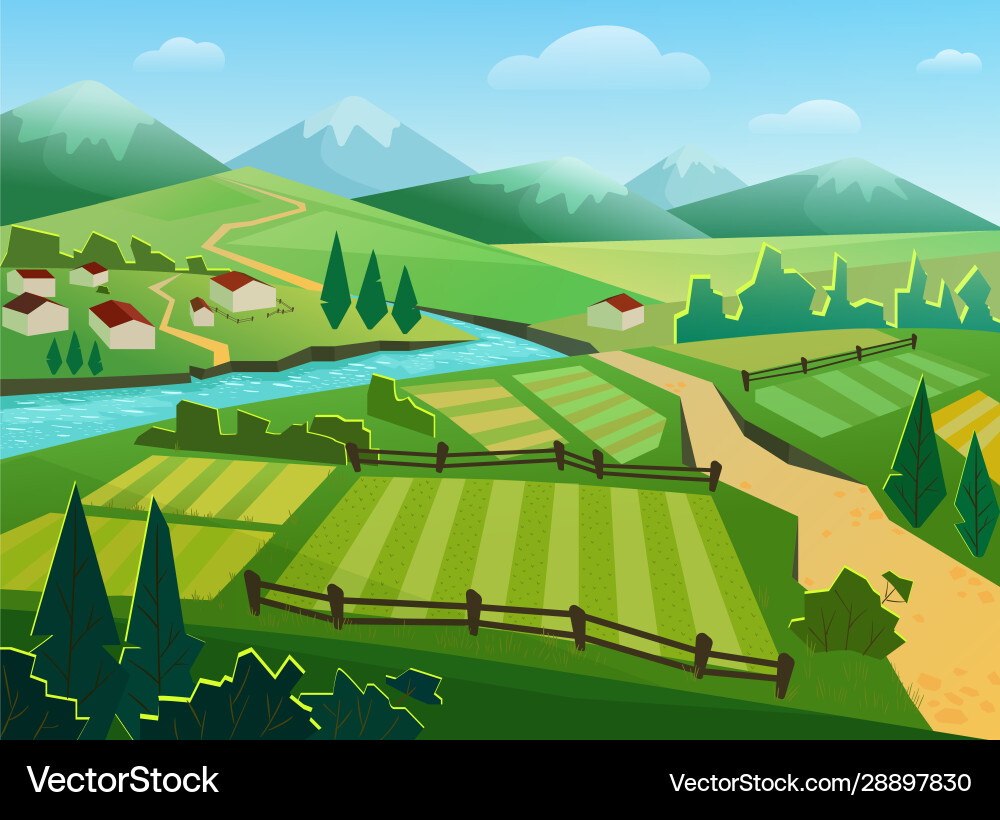 Green fields and mountains flat Royalty Free Vector Image
