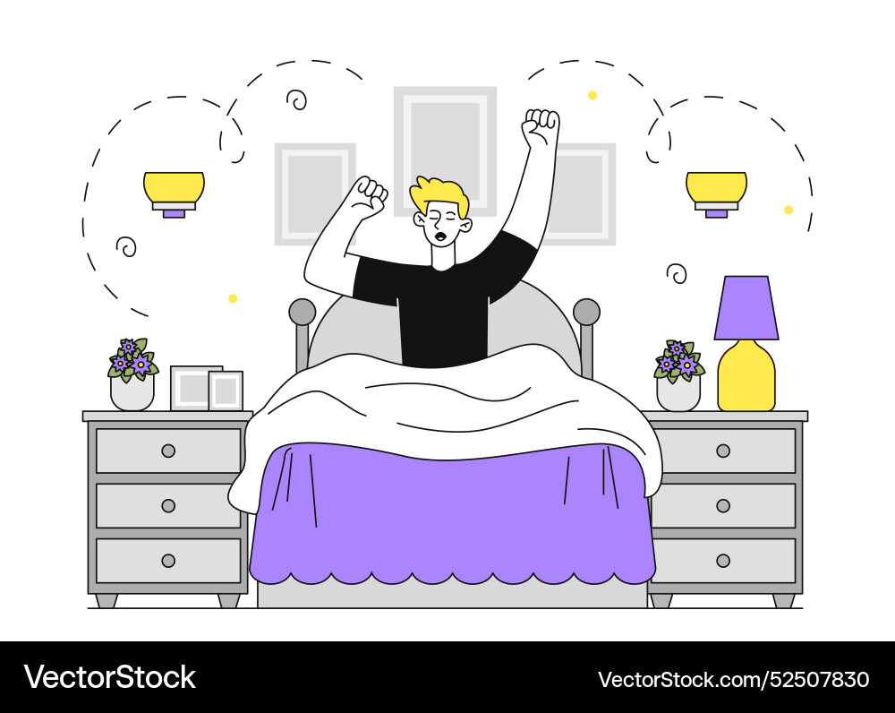 Sleepy man wakes up young guy sits on bed Vector Image