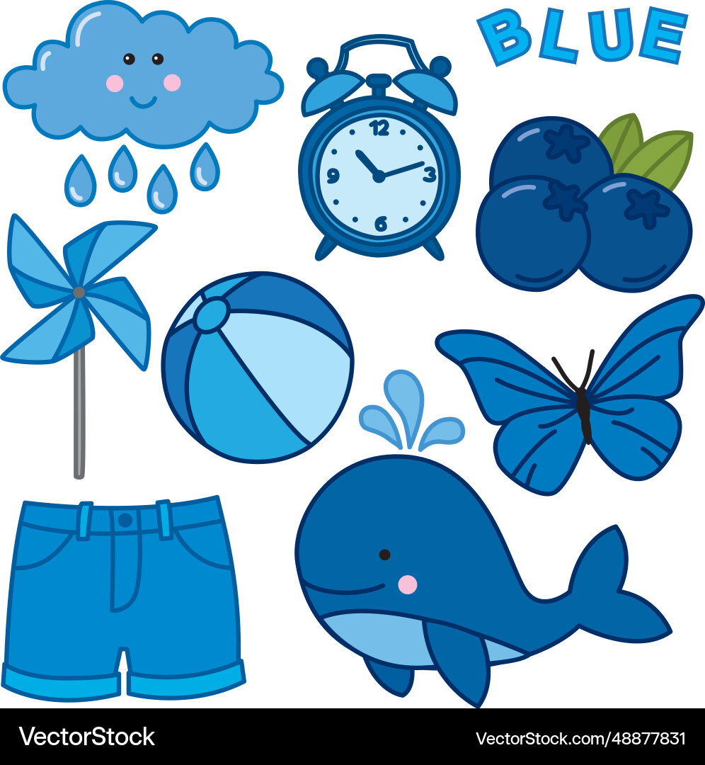 Blaue Farbblitzkarte mit verschiedenen Objekten Vektorbild