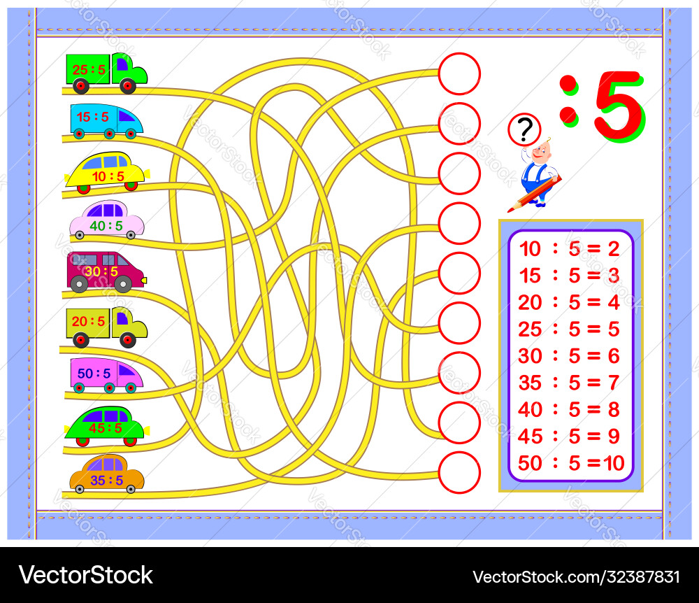 Exercises for kids with division number 5 Vector Image