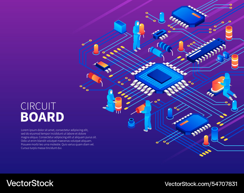 Semiconductor chip isometric composition template Vector Image